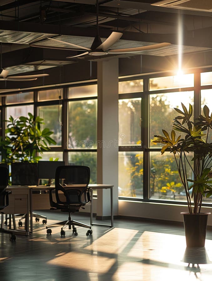 Office Space Ventilated with Open Windows and Ceiling Fans, Fresh Air ...