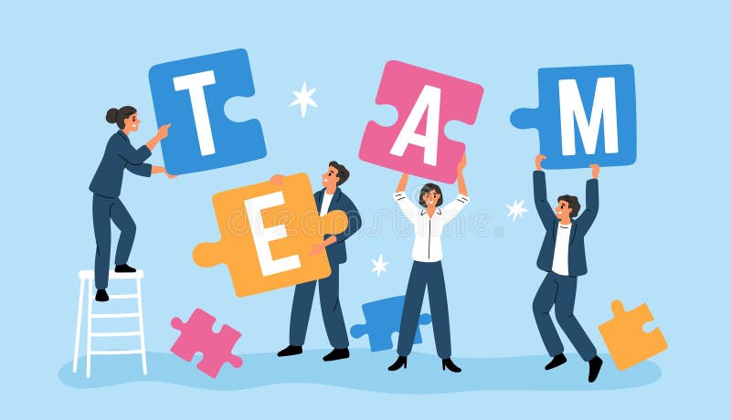 Office Staff Assemble Puzzle. Well Coordinated Teamwork. Employees ...