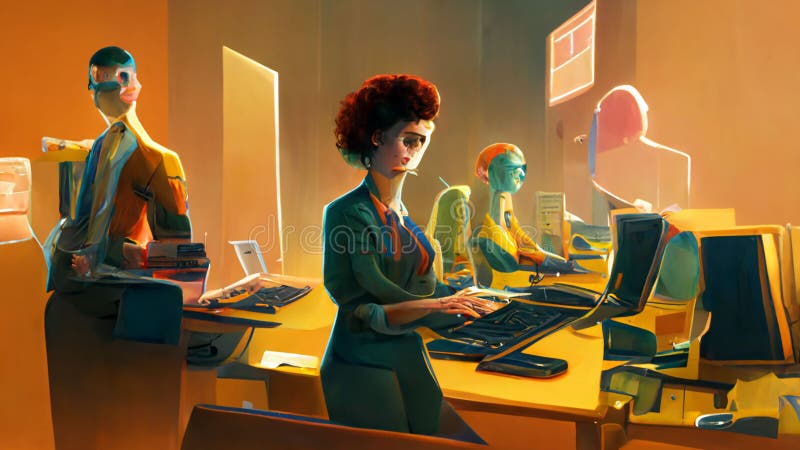 Office Staff Members in Front of Their Computers at Their Workstations ...