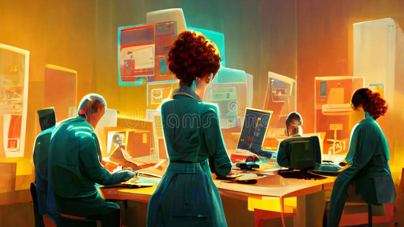 Office Staff Members in Front of Their Computers at Their Workstations ...