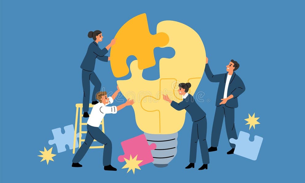 Office Staff Solve Problem. People Working Together To Assemble Light ...