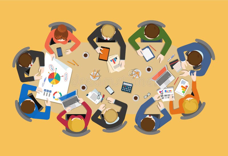 Office Staff Team Around Table: Vector Flat Brainstorm Report Stock ...