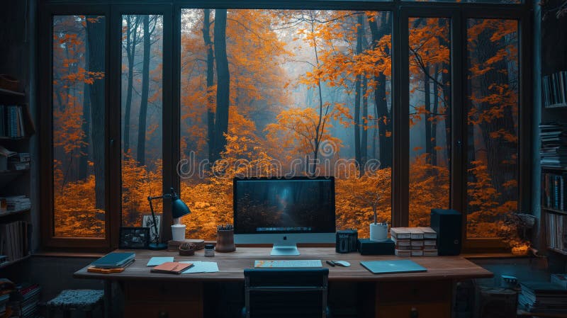 Office with Stained Glass Windows Overlooking Fall Park. Stock ...