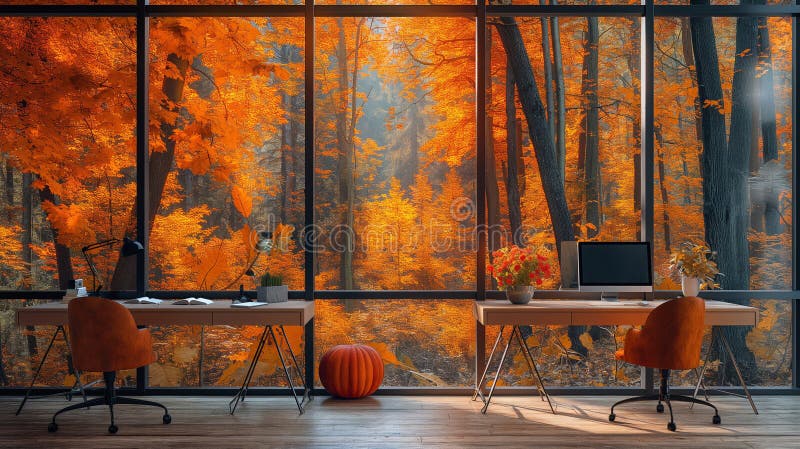 Office with Stained Glass Windows Overlooking Fall Park. Stock ...