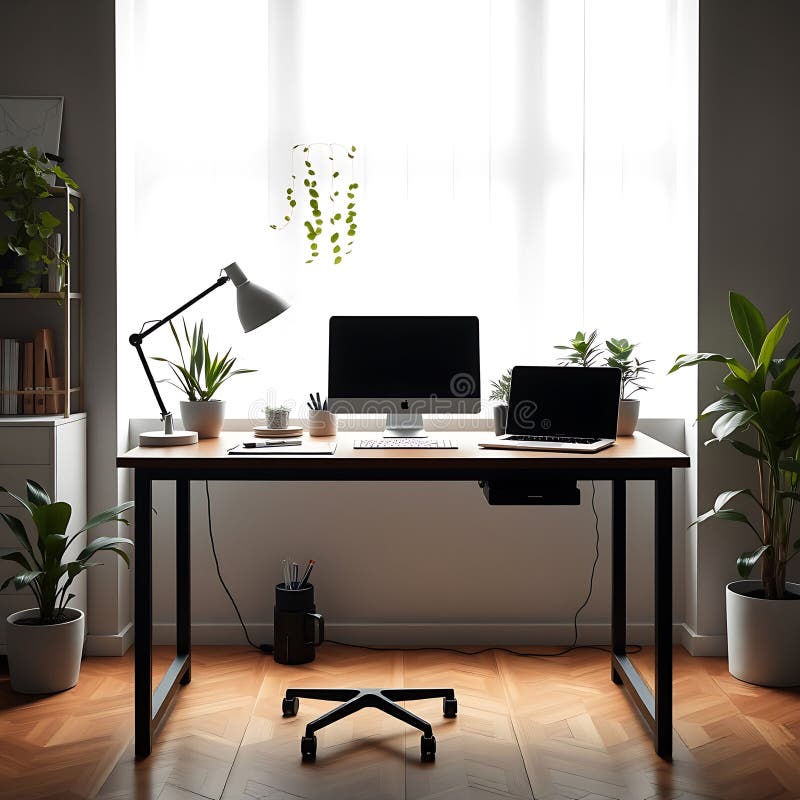 An Office with a Standing Desk Setup Laptop Plants and a Minimalist ...