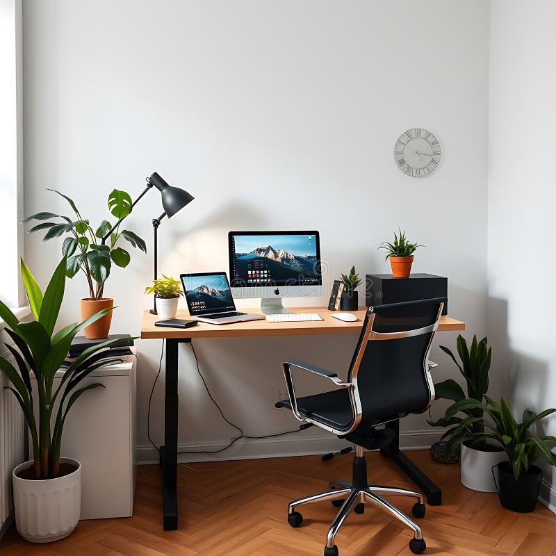 An Office with a Standing Desk Setup Laptop Plants and a Minimalist ...