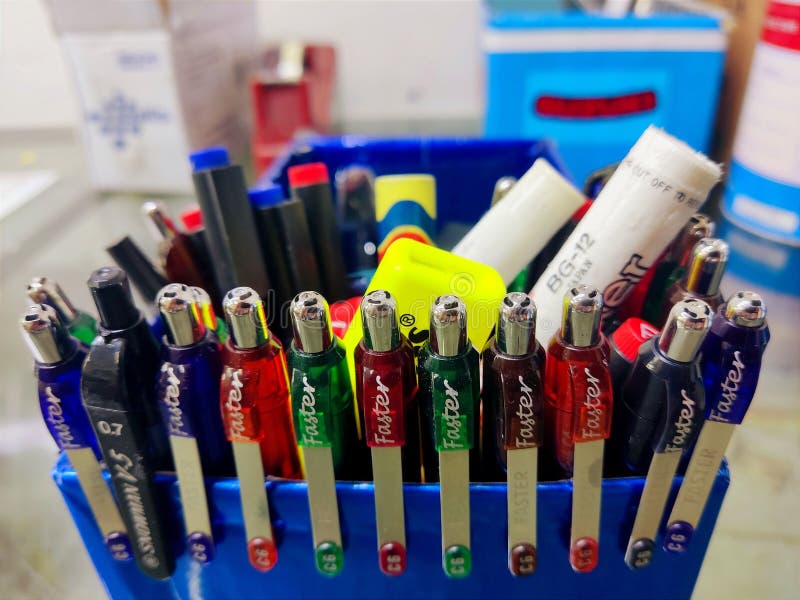 Office Stationery Collected in a Blue Box Editorial Stock Image - Image ...