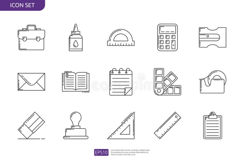 Office Stationery Items Icon Set. Vector Isolated Thin Line Collection ...