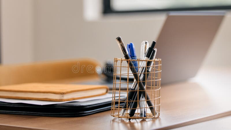 Office, Stationery and Pen on Desk for Notebook, Notes and Writing in ...
