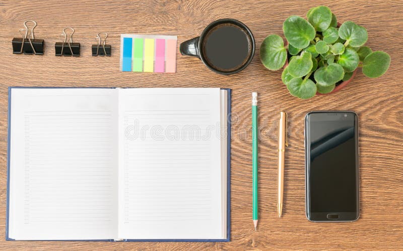 Office Stationery on Wooden Table Top View. Stock Photo - Image of icon ...