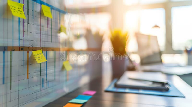 Office with Sticky Notes on a Glass Wall and Sunlight Streaming through ...
