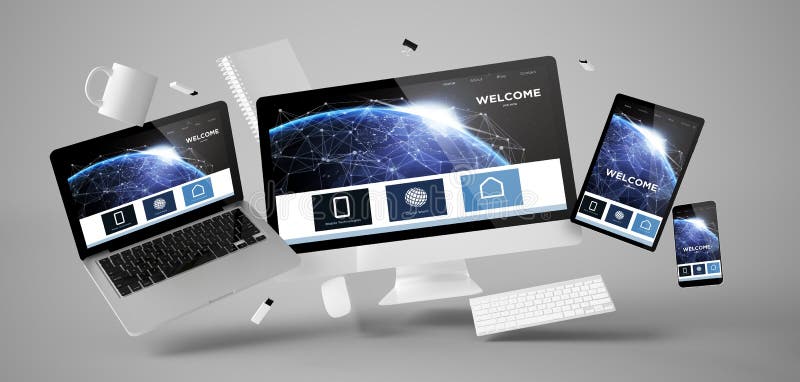 Office Stuff and Devices Floating with Welcome Page Website Stock ...