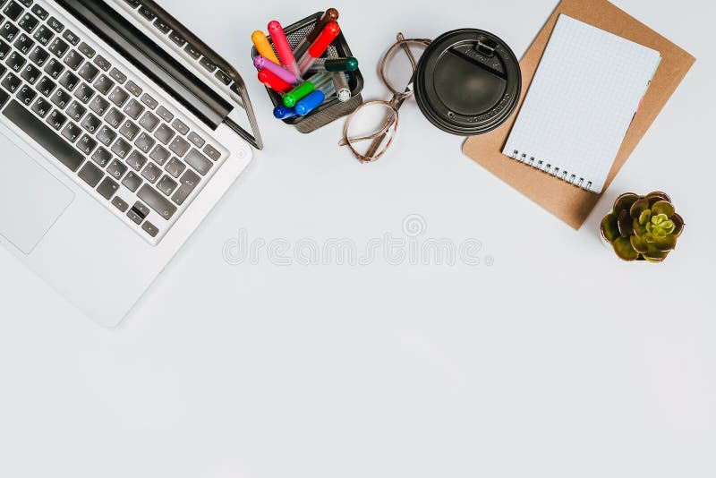 Office Stuff with with Notepad, Laptop and Coffee, Glasses, Notepad Top ...