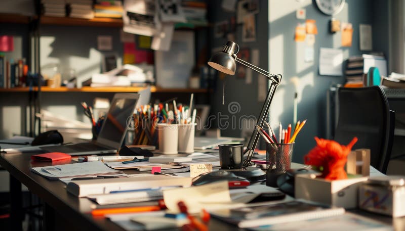 Office Style, the Desk is a Working Mess of Notepads, Notes, Paper ...