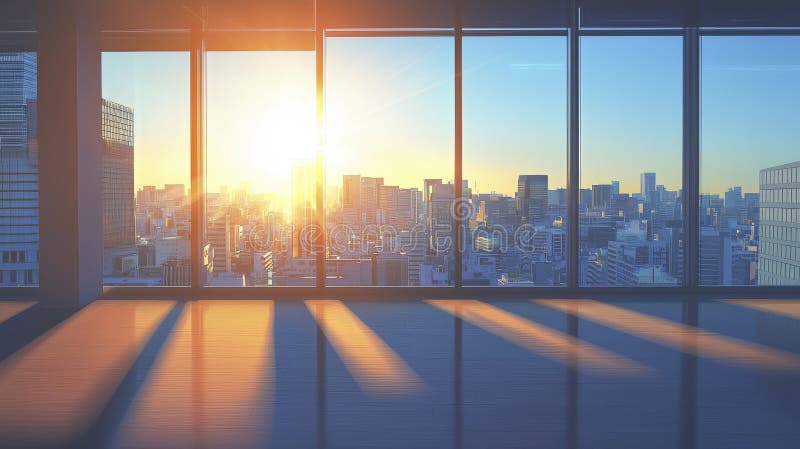 Office Sunset with Panoramic Urban Skyline and Shadows Stock ...