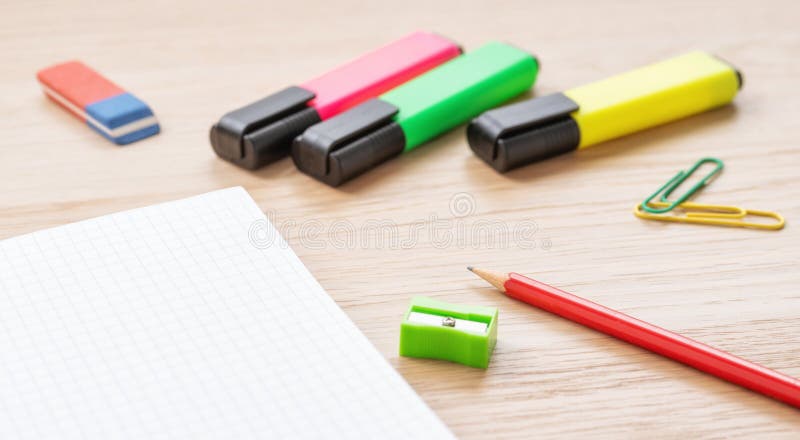 Office supplies on a desk stock photo. Image of copy - 195414662