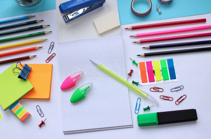 Office Supplies in Different Colors. Everything for Office and School ...