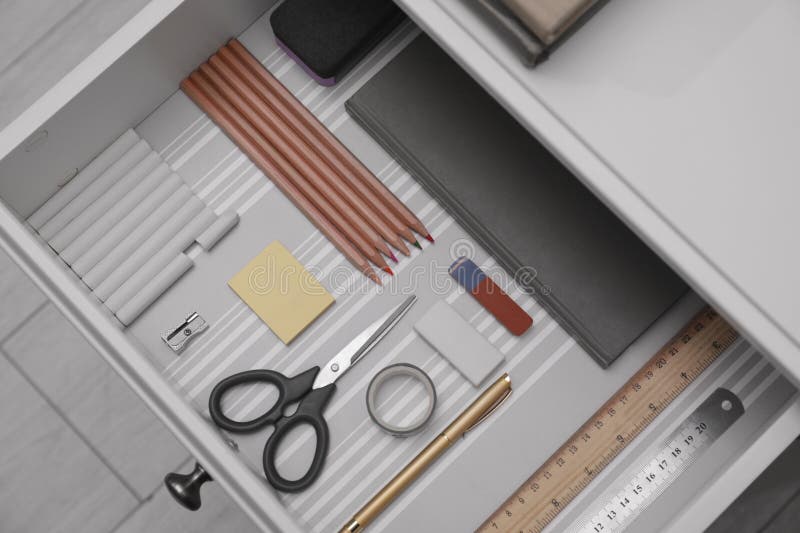 Office Supplies in Open Desk Drawer, Top View Stock Image - Image of ... Office Supplies in Open Desk Drawer, Top View Stock Image - Image of ...