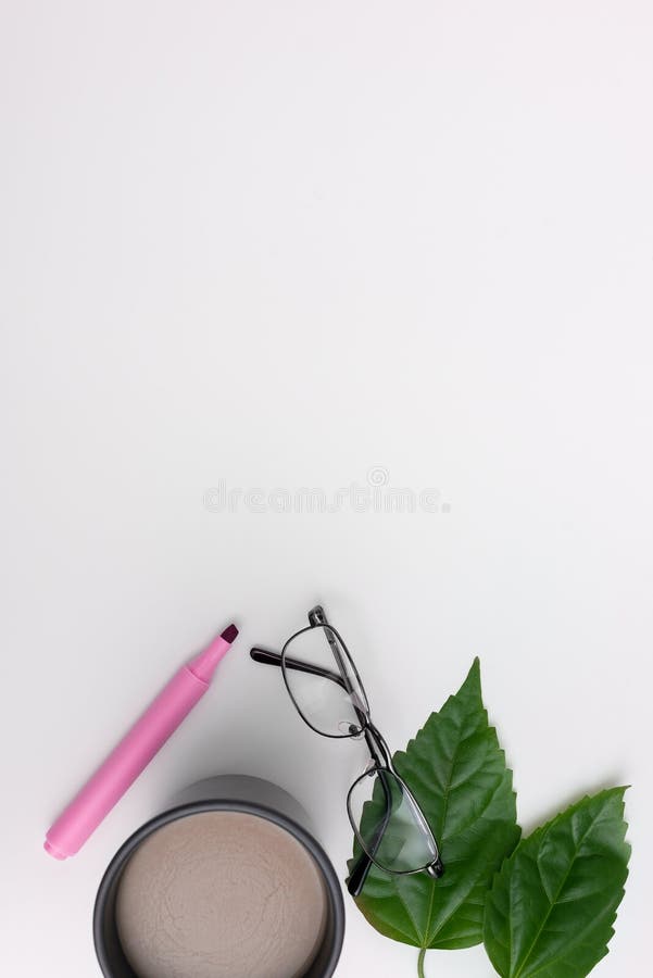 Office Supplies Over Desk with Keyboard and Glasses and Coffee Cup for ...