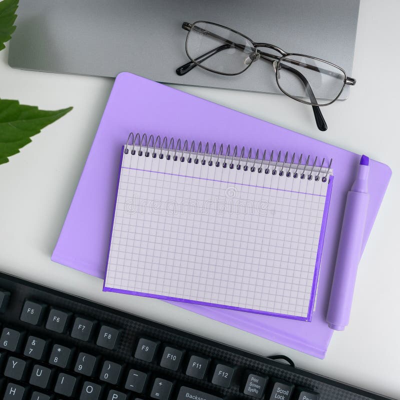 Office Supplies Over Desk with Keyboard and Glasses and Coffee Cup for ...