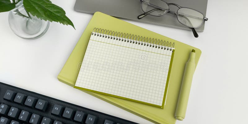 Office Supplies Over Desk with Keyboard and Glasses and Coffee Cup for ...