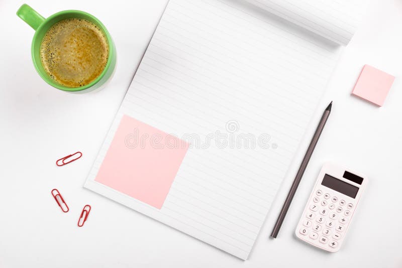 Office Supplies Over Desk with Keyboard and Glasses and Coffee Cup for ...