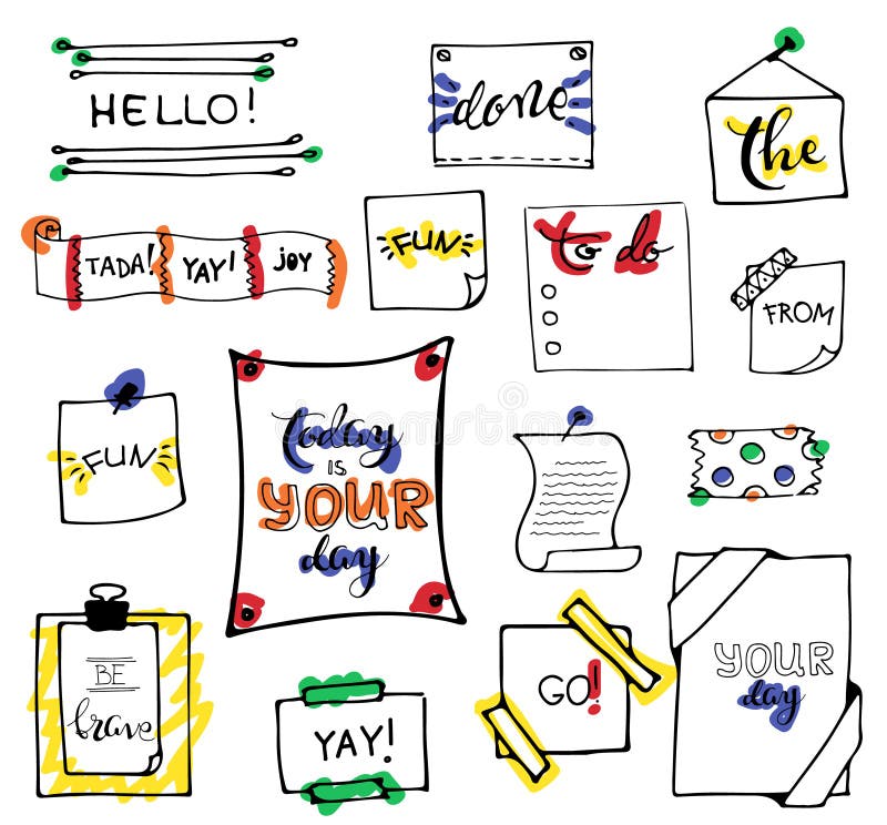 Office Supplies. Set of Hand Drawn Colorful Isolated Doodle Note Stock ...