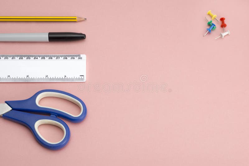Office Supplies and Tools on Pink Background with Copy Space Stock ... Office Supplies and Tools on Pink Background with Copy Space Stock ...
