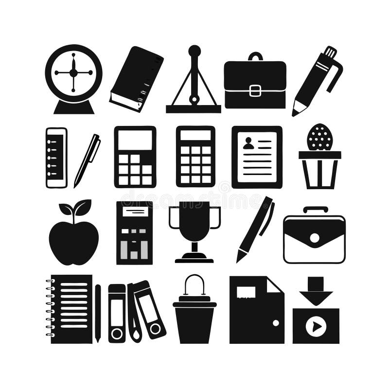 Office Supply Icon Set in Black and White Vector Format for Design and ...