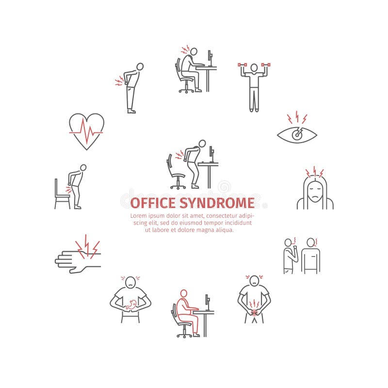Office Syndrome Infographic. Symptoms and Causes. Line Icons Set ...