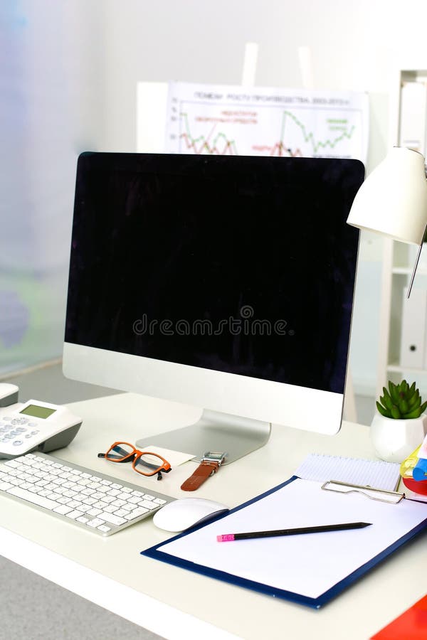 Office Table with Blank Notepad and Laptop Stock Photo - Image of blank ...