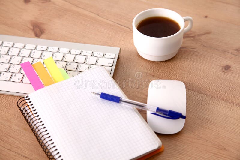 Office Table with Blank Notepad and Laptop Stock Image - Image of ...