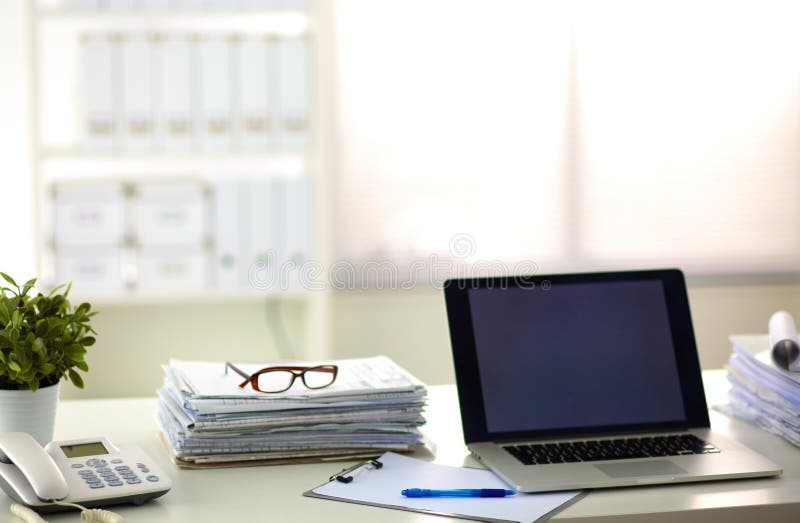 Office Table with Blank Notepad and Laptop Stock Photo - Image of ...