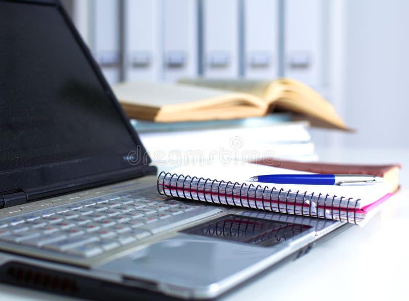 Office Table with Blank Notepad and Laptop Stock Photo - Image of ...