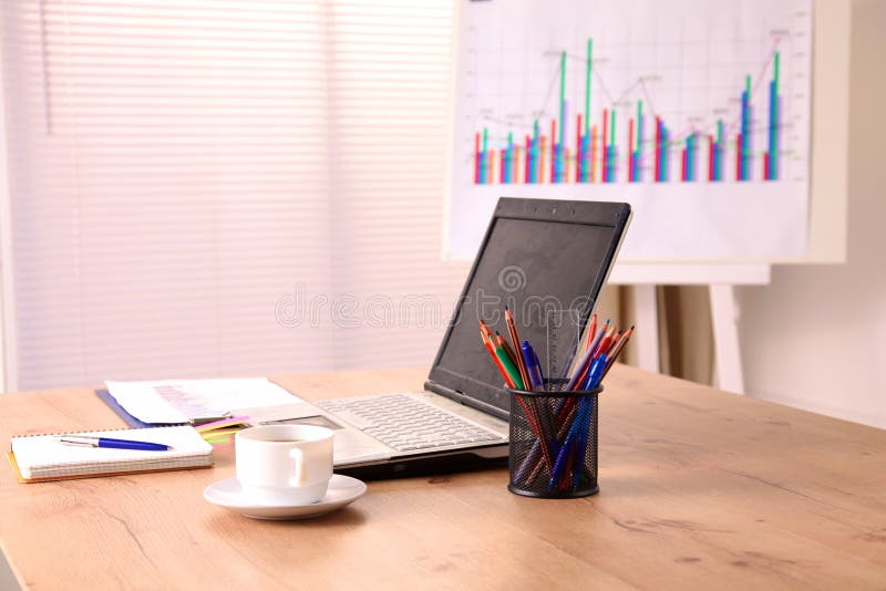 Office Table with Blank Notepad and Laptop Stock Image - Image of ...