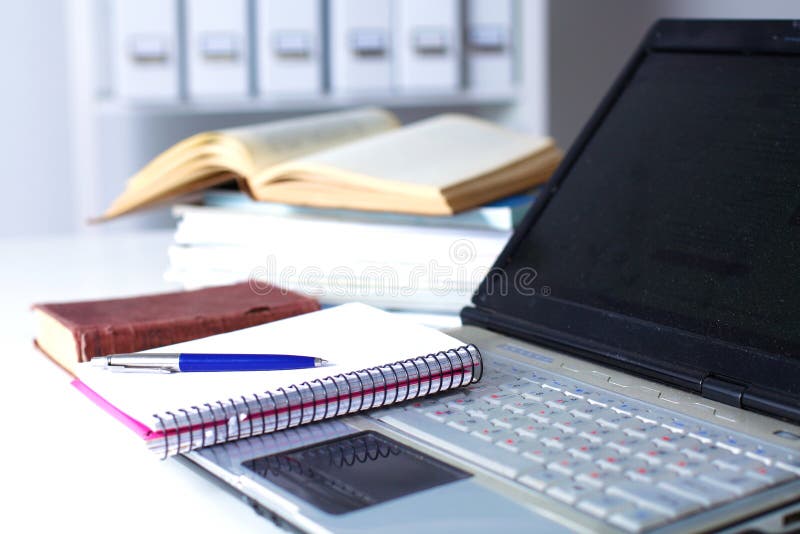 Office Table with Blank Notepad and Laptop Stock Photo - Image of ...
