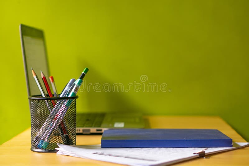 Office Table with Blank Notepad and Laptop Stock Photo - Image of ...
