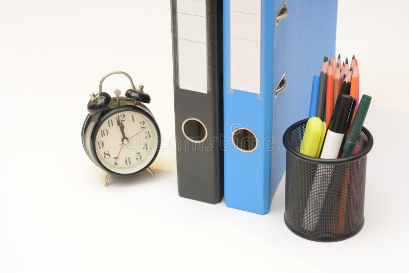 Office Table Clock Pen Holder and Document Folder Stock Image - Image ...