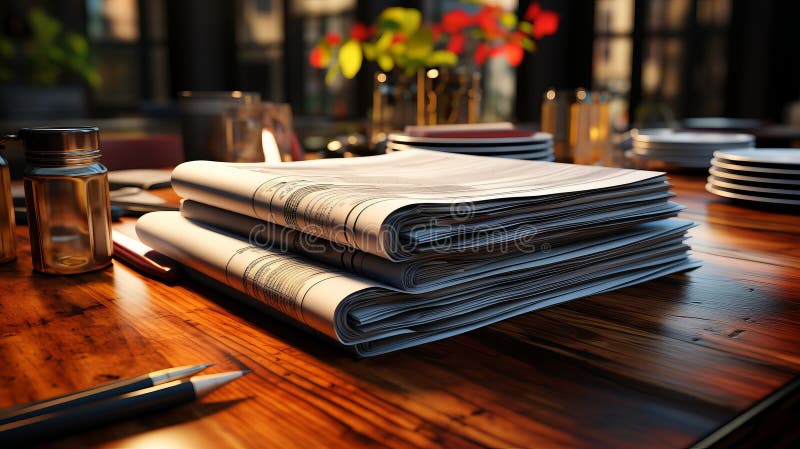 Close-up Office Desk with an Organized Stack of Papers. Generative AI ...