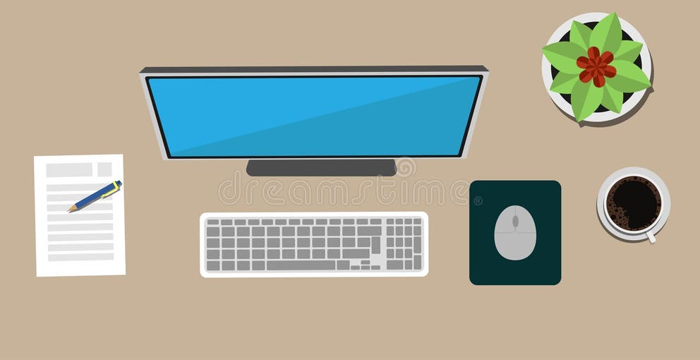 Office Table with Computer Flat Lay Stock Vector - Illustration of ...