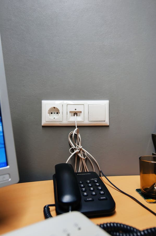 Office Table with Computer Screen, Panasonic Corded Phone with Big ...