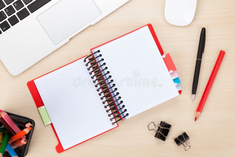 Top View Work Desk. Mock Up Office Desk Table with Computer, Supplies ...