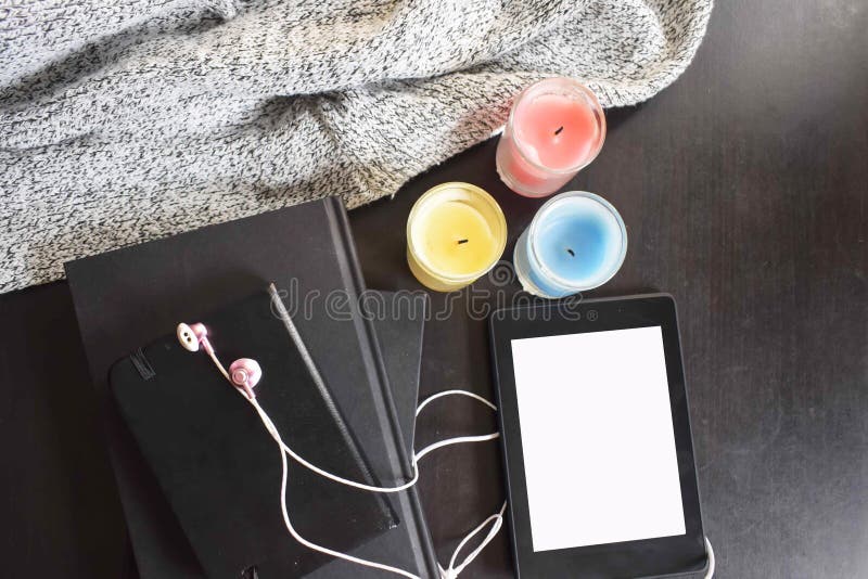 Office Table Concept with a Tablet Blank Screen and Three Colorful ...