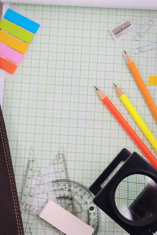 Office Table Desk with Set of Office Stationery, Math Supplies. Stock ...