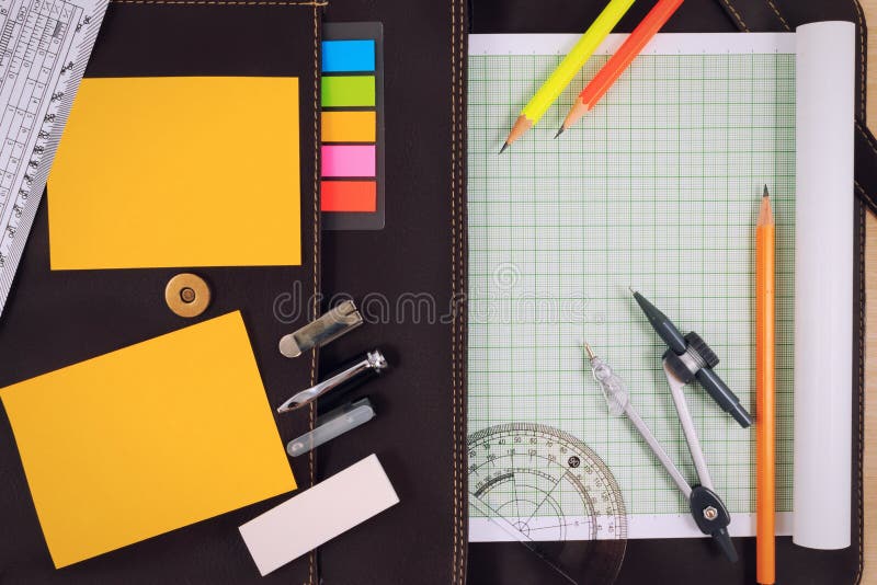 Office Table Desk with Set of Office Stationery. Stock Image - Image of ...