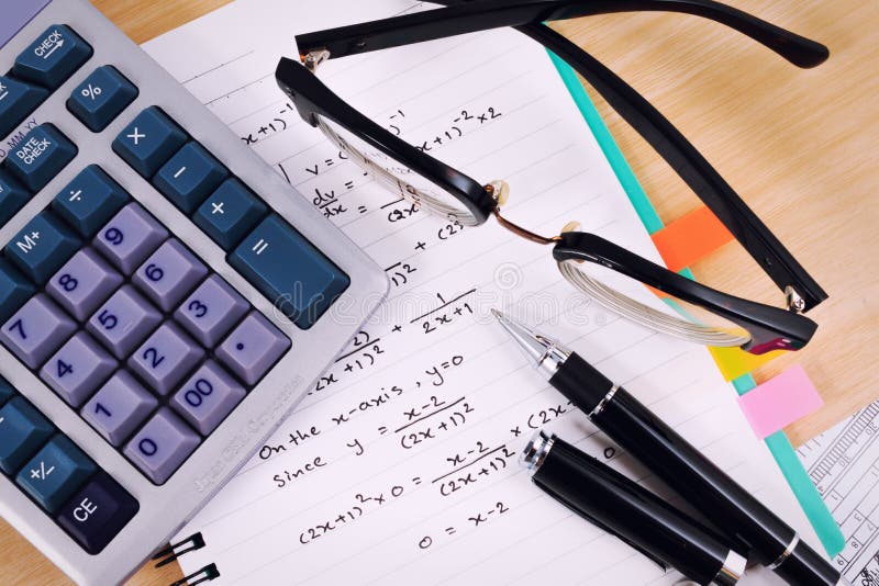 Office Table Desk with Set of Office Stationery or Math Supplies. Stock ...