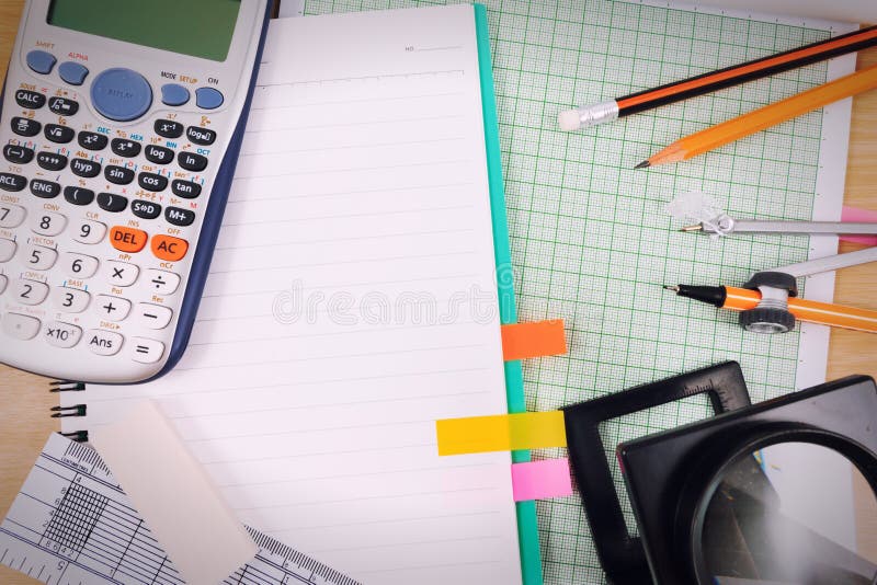 Office Table Desk with Set of Office Stationery or Math Supplies. Stock ...