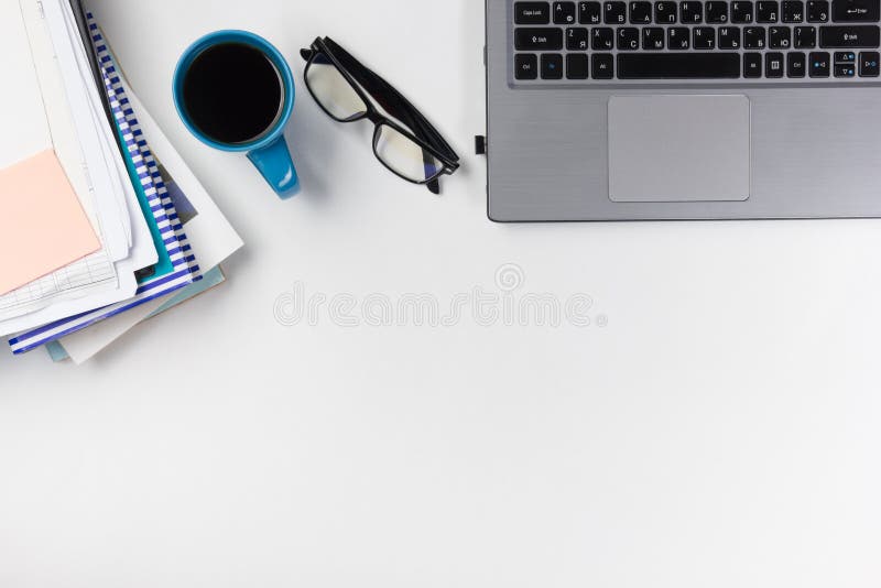 Office Table Desk with Supplies, Blank Note Pad, Cup, Pen, Pc, Crumpled ...