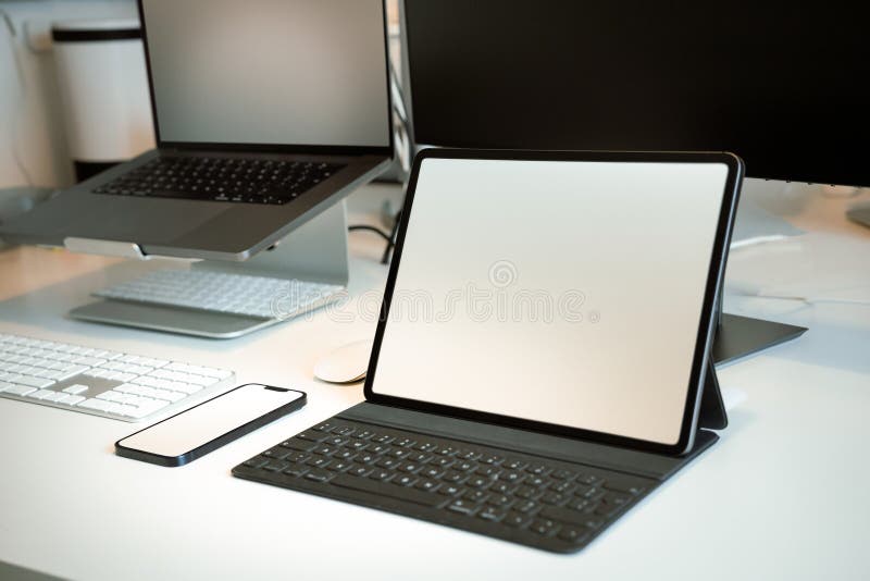 Office Table with Electronic Devices. Stock Image - Image of notebook ...