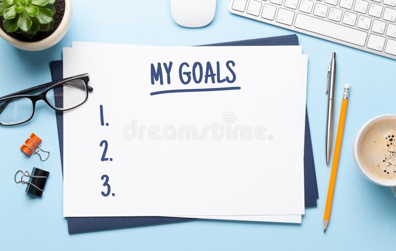 Office Table with Goals, Supplies and Computer Stock Image - Image of ...
